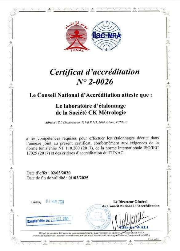 CK Métrologie Accréditation TUNAC métrologie
